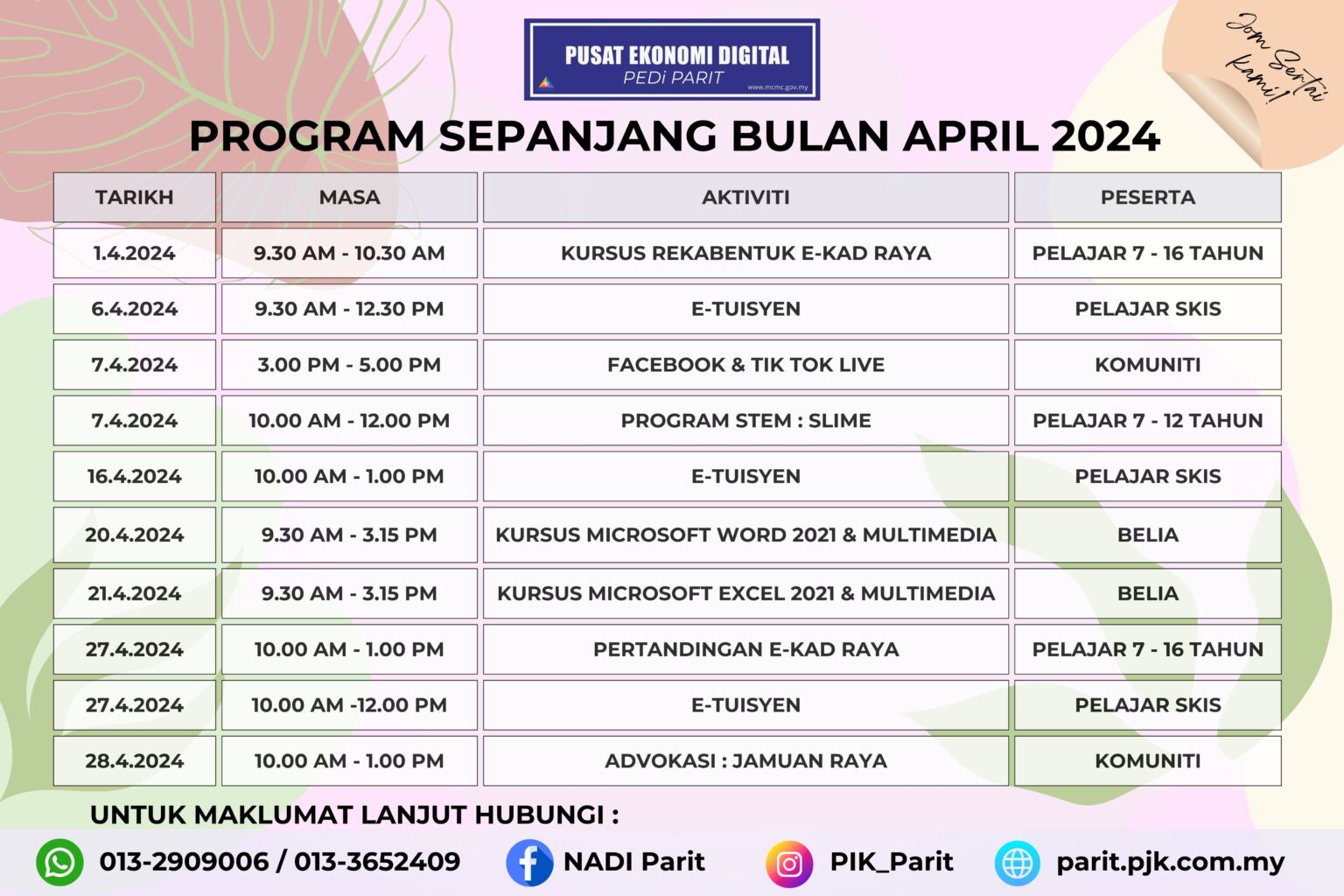 Jadual Aktiviti April 2024 – NADI Parit
