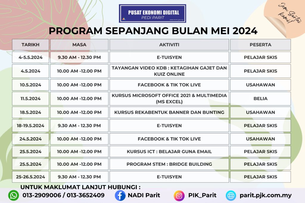 Jadual Aktiviti Mei 2024 – NADI Parit