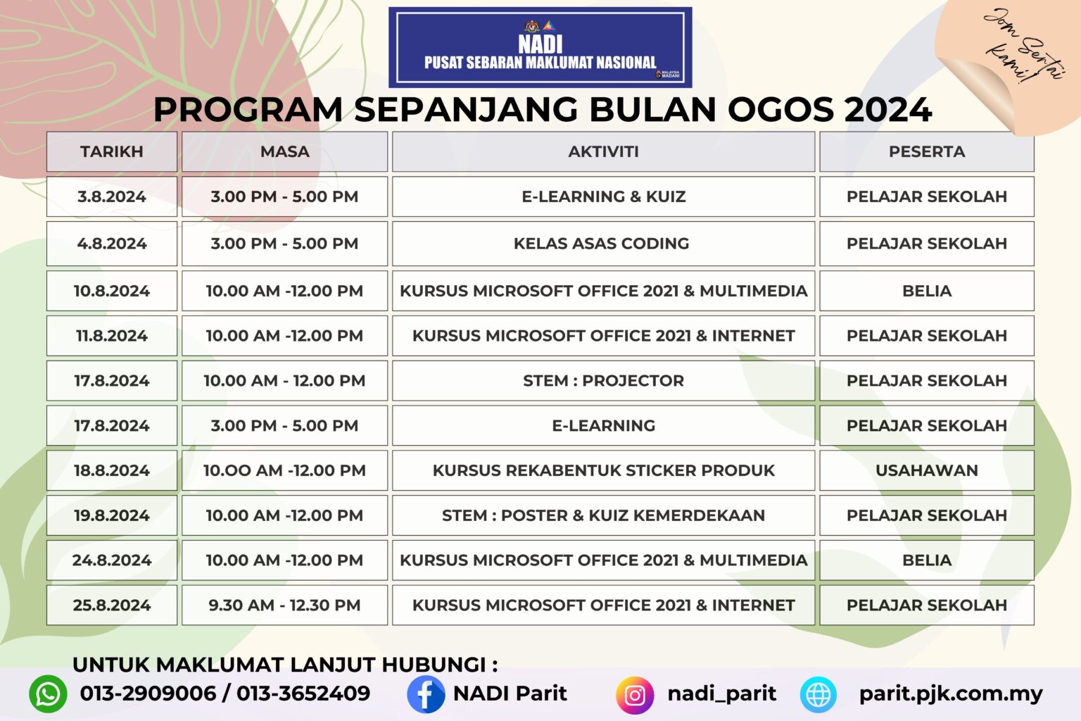 Jadual Aktiviti Ogos 2024 – NADI Parit